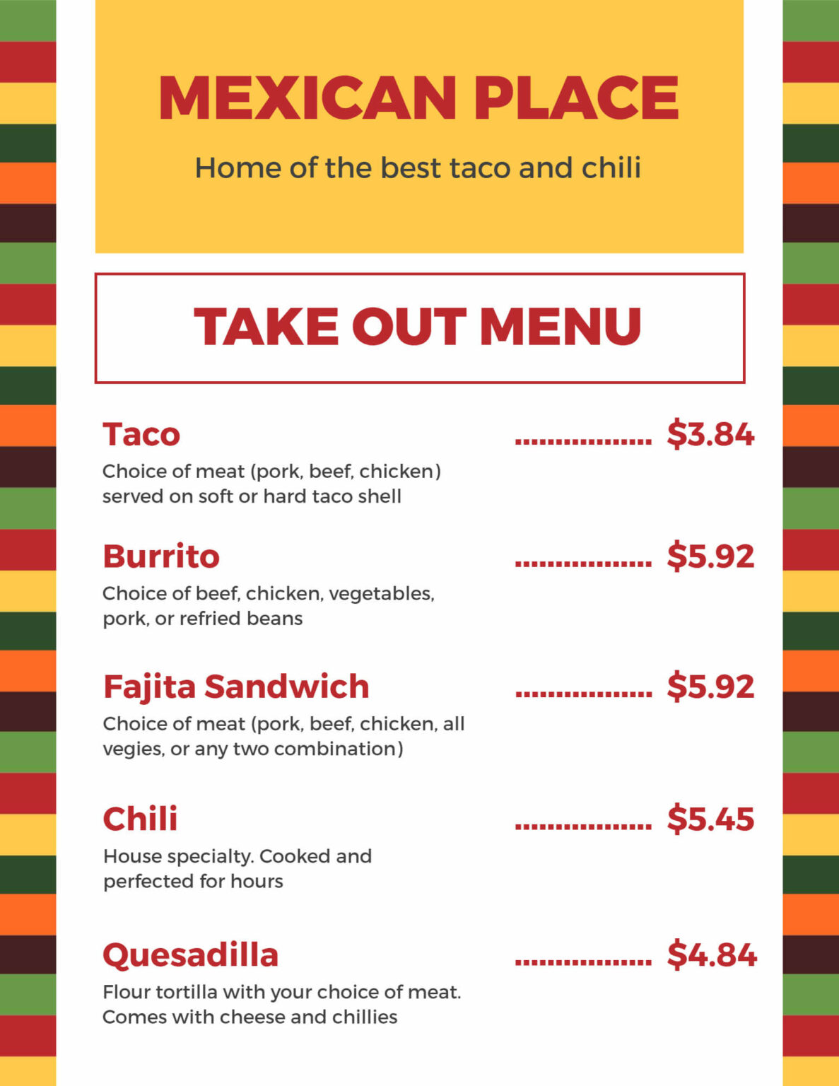 Free Customizable Mexican Menu Templates