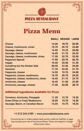 Pizza Menu Templates - Free | Printable | Downloadable