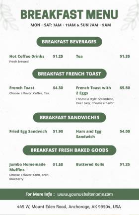 Breakfast Menu Templates - Free | Editable | Downloadable