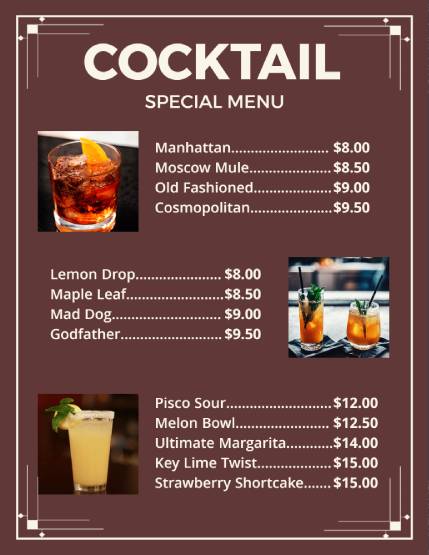 Cocktail Menu Templates - Free | Editable | Downloadable