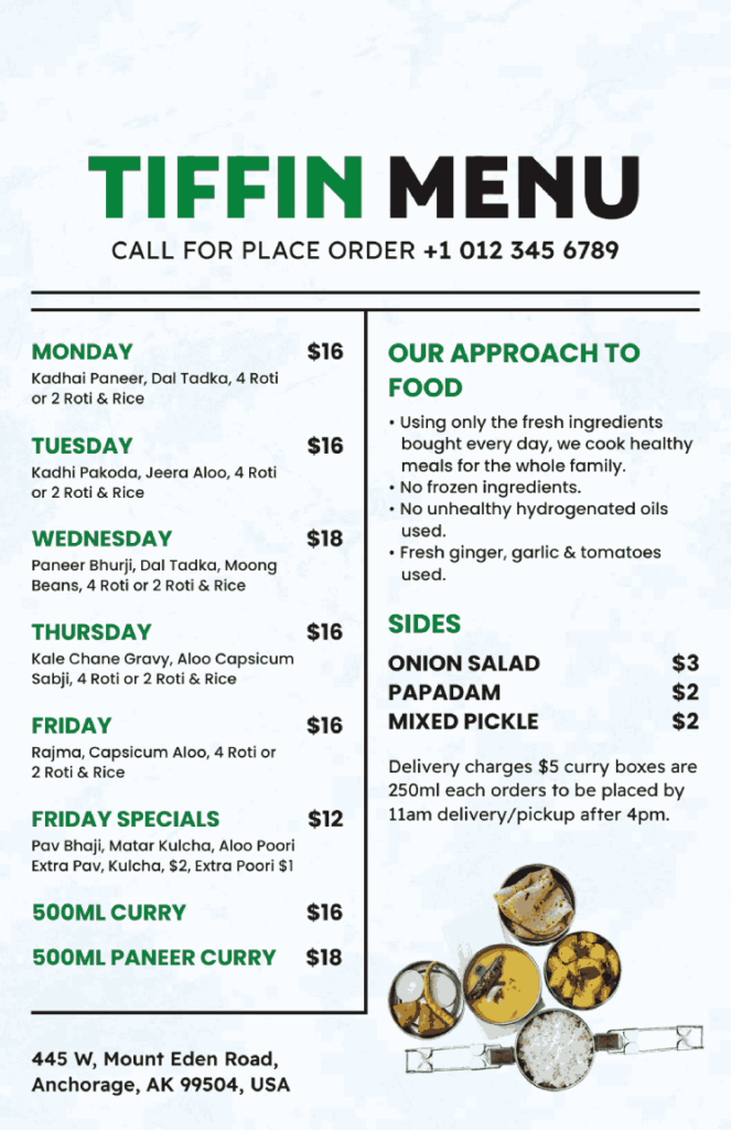 Classic Tiffin Menu Template With Daily Dishes