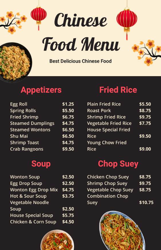 Delicious Chinese Food Menu Template For Restaurant