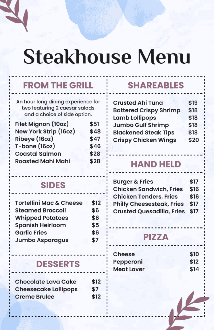 Minimal Steakhouse Menu Template For A Perfect Dining