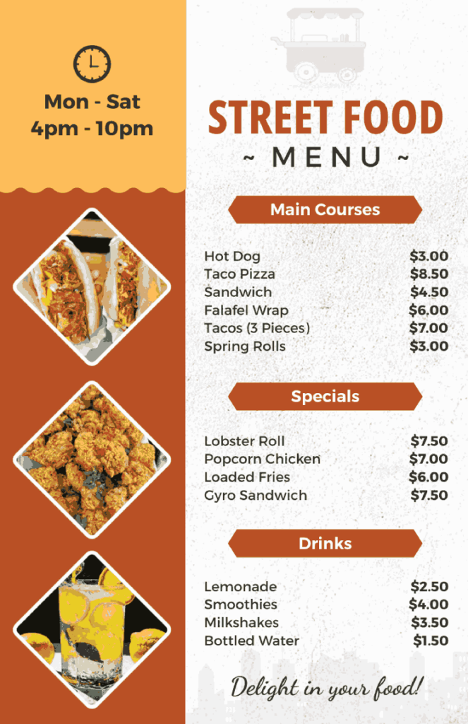 Modern Street Food Menu Design for Street Food Stalls
