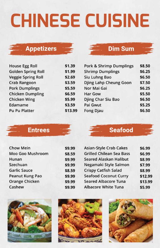 Simple Chinese Cuisine Menu Template For Chinese Dishes