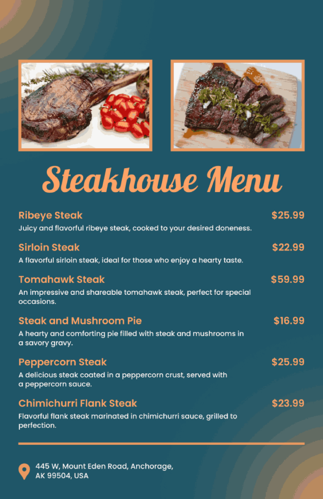 Simple Steakhouse Menu Template For Your Steak Dishes