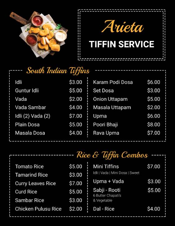 South Indian Tiffin Menu Template For Tiffin Services