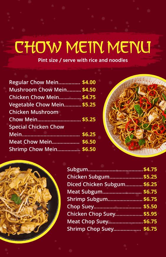 Stylish Chow Mein Menu Template For Your Restaurant