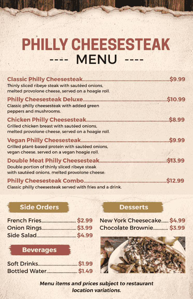Vintage Philly Cheesesteak Menu Template For Your Restaurant