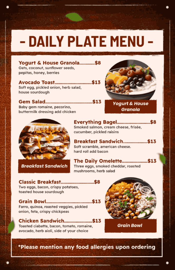 Wooden Daily Plate Menu Template For Daily Dishes