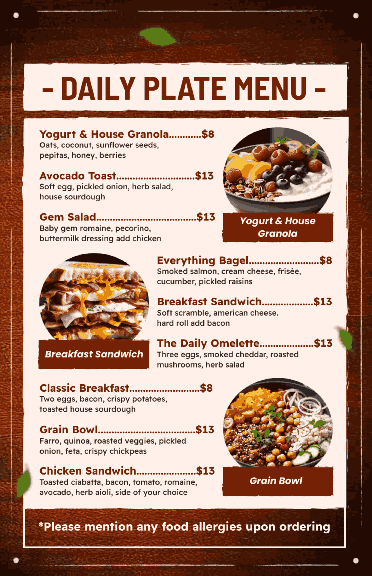 Wooden Daily Plate Menu Template For Daily Dishes