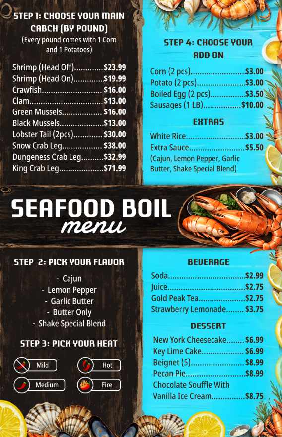 Attractive Seafood Boil Menu Template for Coastal Restaurant