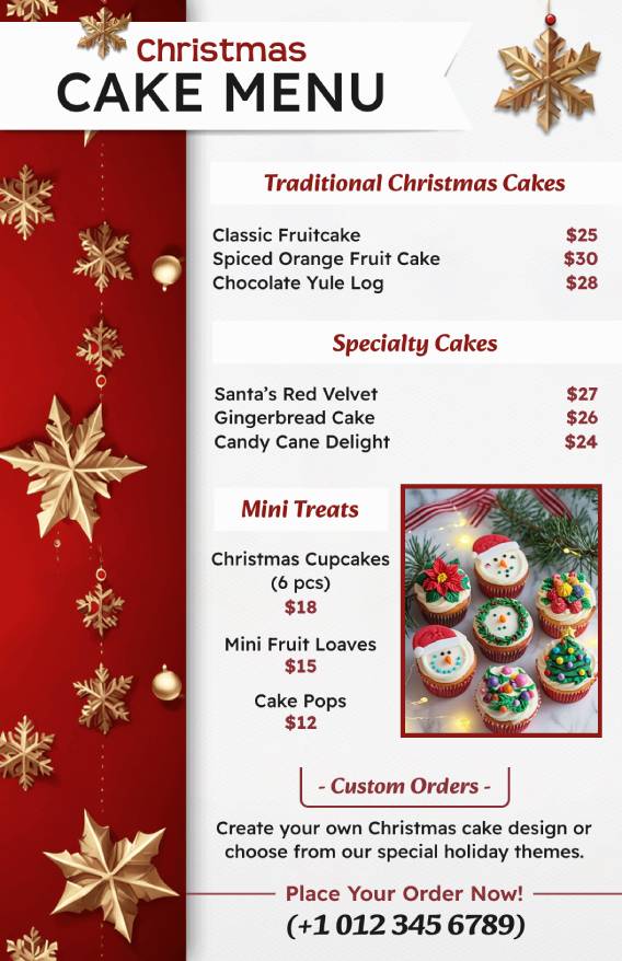 Christmas Cake Menu Template with Holiday Orders