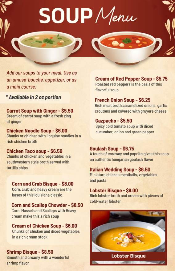 Classic Soup Menu Template for Your Restaurant