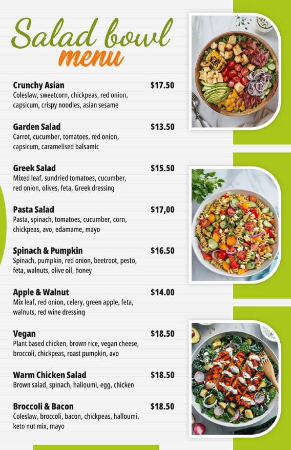 Creative Salad Bowl Menu Template for Restaurants