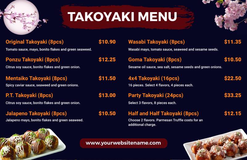 Formal Takoyaki Menu Template with Flavor Details