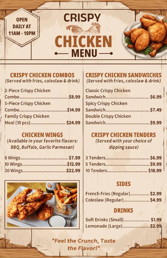 Vintage Chicken Menu Template With a Rustic Woodgrain Design