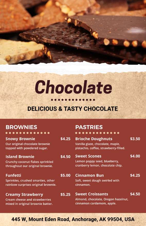 Delicious Chocolate Menu Template for Sweet Shop