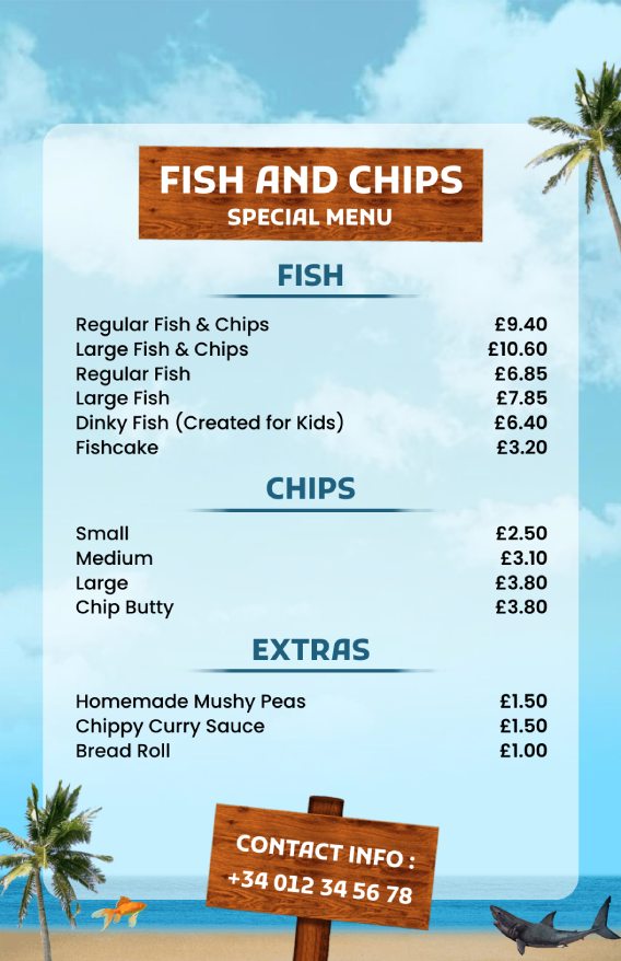 Delicious Fish And Chips Menu Template for Restaurants