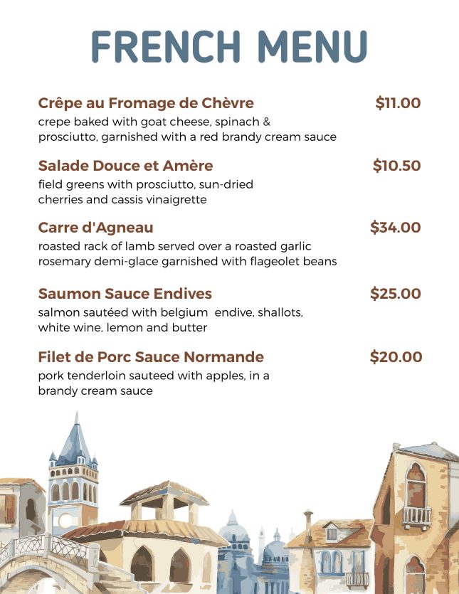 Elegant French Menu Template for French Restaurants