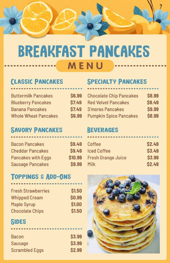 Elegant Pancake Breakfast Menu Template for Breakfast