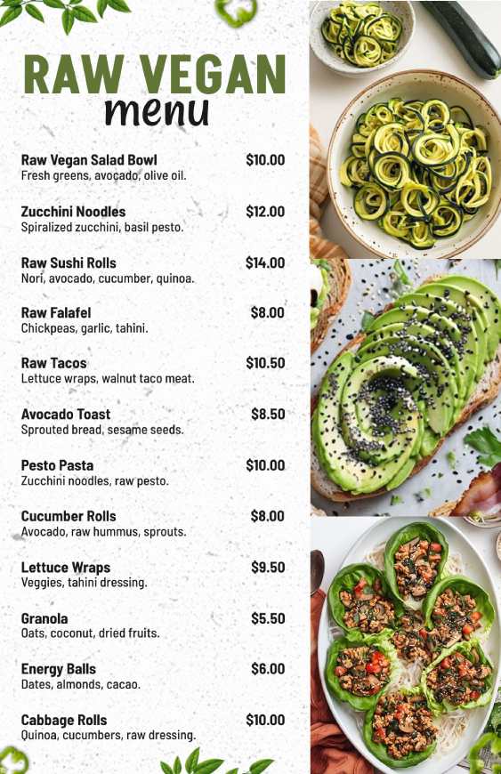 Elegant Raw Vegan Menu Template for Restaurants