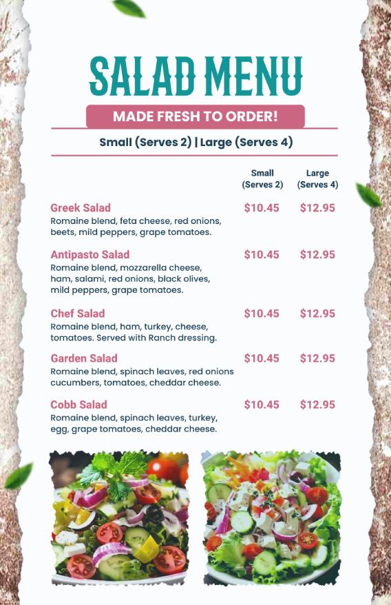 Elegant Salad Menu Template for Restaurants