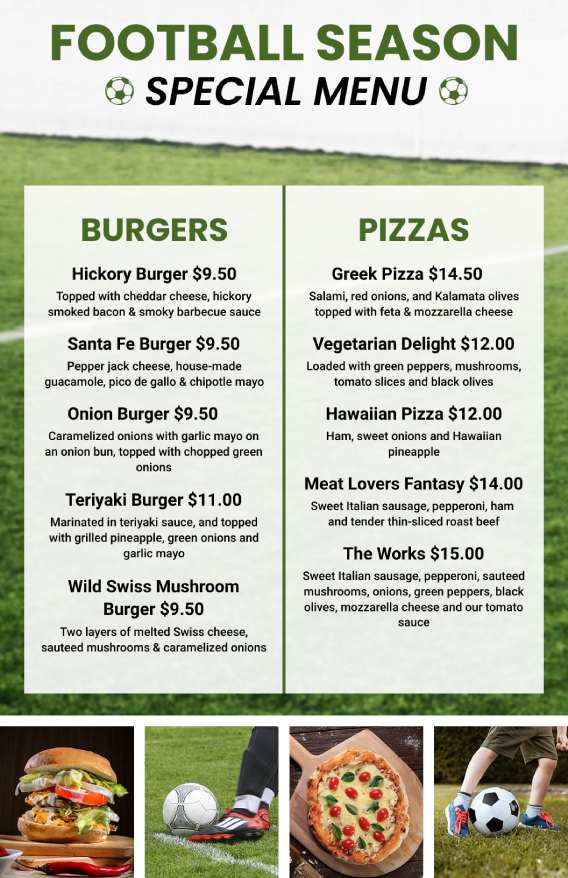 Football Season Special Menu Template for Football Lovers