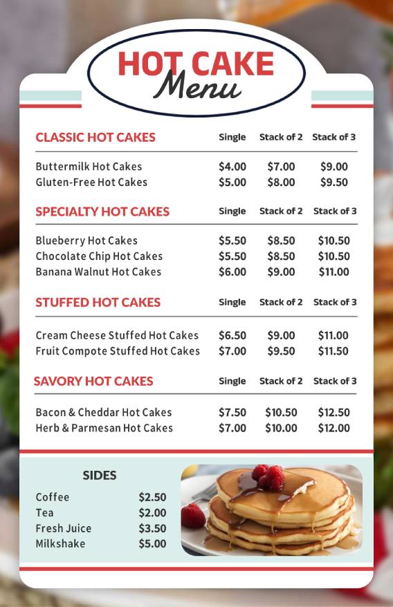 Creative Hot Cake Menu Template with Sides and Beverages