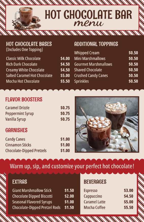 Hot Chocolate Bar Menu Template for Sweet Stores