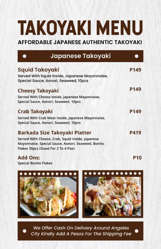 Ethnic Takoyaki Menu Template for Your Spicy Cuisine