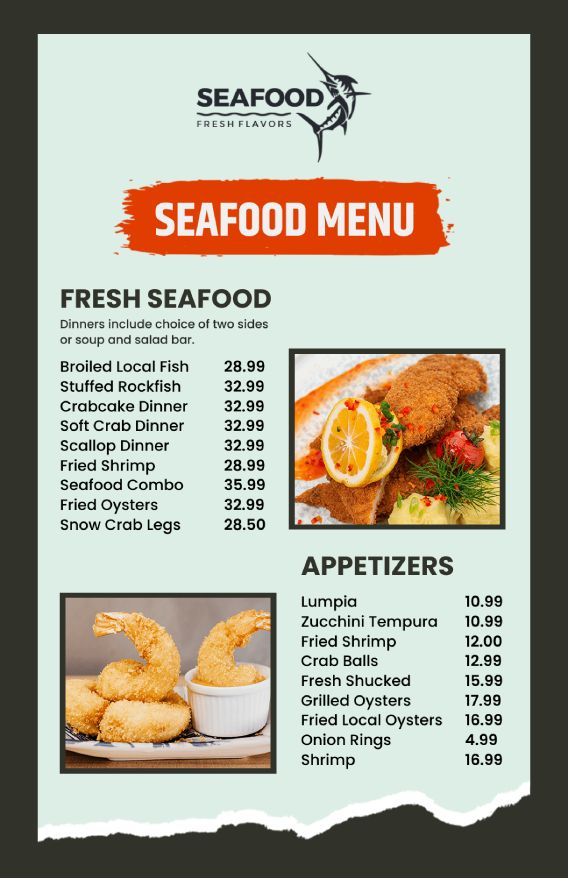 Modern Fresh Seafood Menu Template for Restaurants