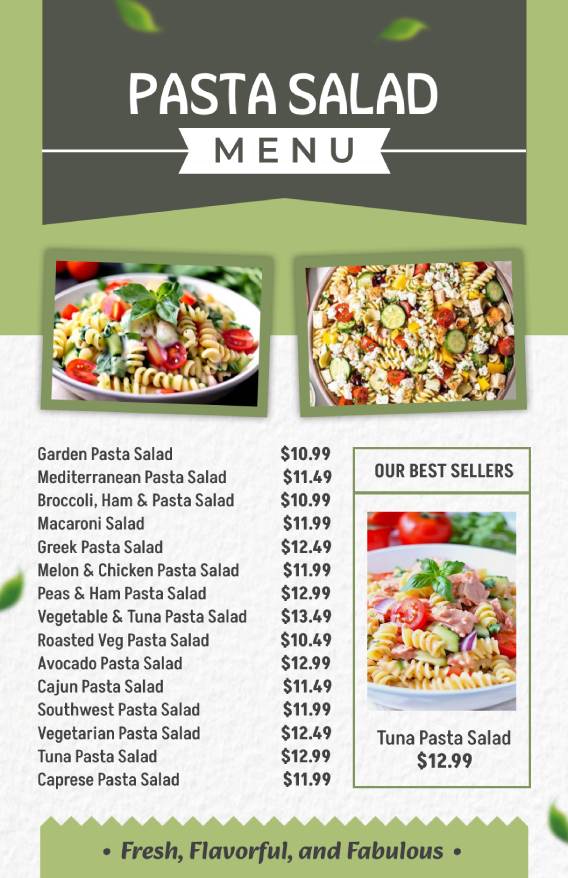 Pasta Salad Menu Template for Restaurants