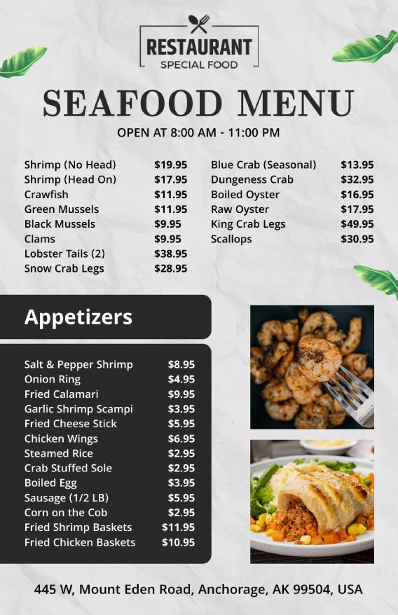 Restaurant Seafood Menu Template for Seafood Dishes