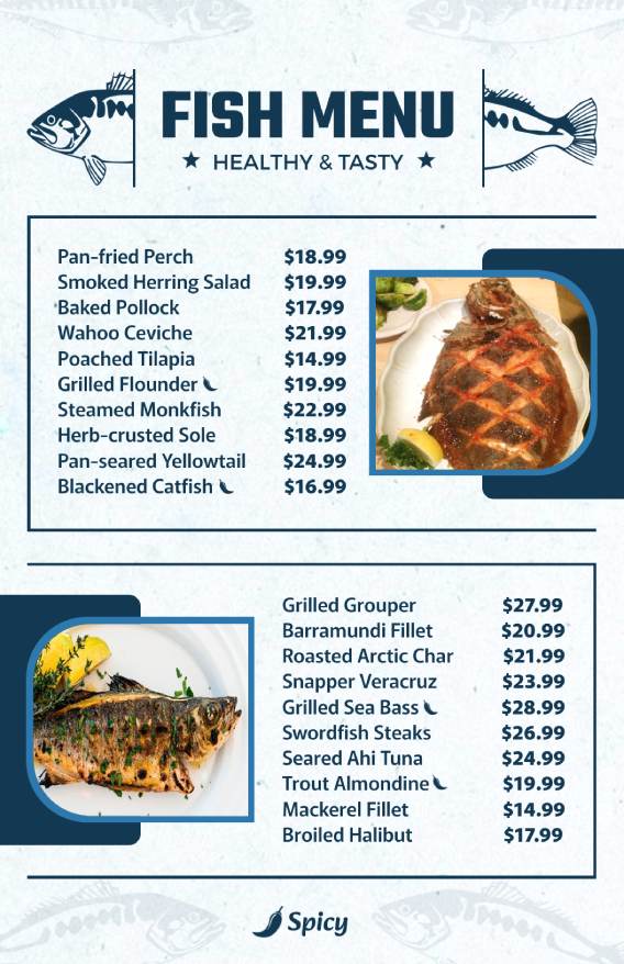Simple Fish Menu Template for Seafood Dishes