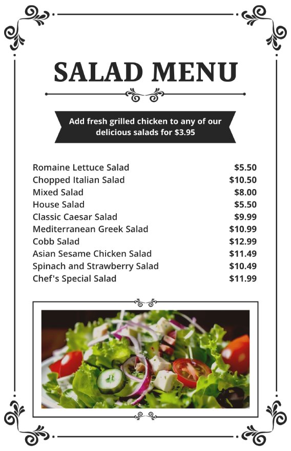 Simple Salad Menu Template for Your Restaurant