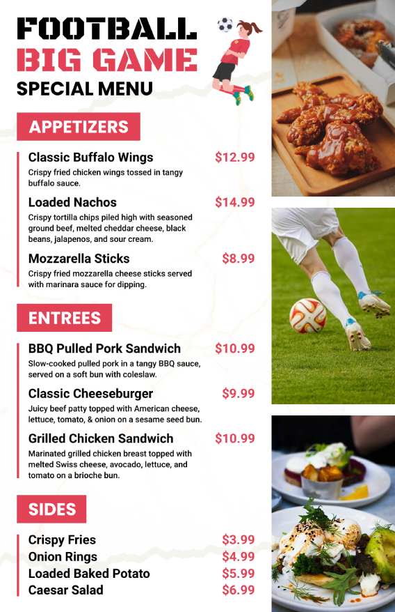 Special Football Menu Template for Big Game