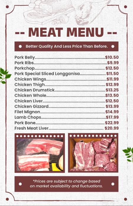 Simple Meat Menu Template Featuring Popular Cuts and Pricing