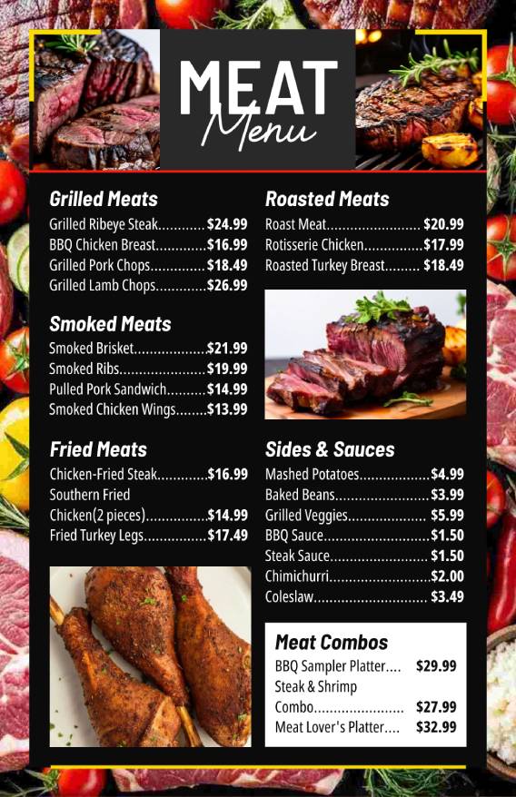 Special Meat Menu Template Featuring Grilled and Fried Meats