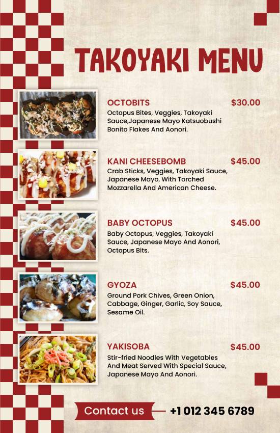 Retro Takoyaki Menu Template with Spicy Food Options
