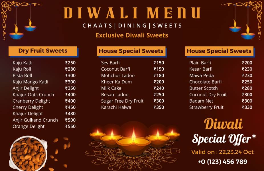 Stylish Diwali Menu Template With Special Festive Offers