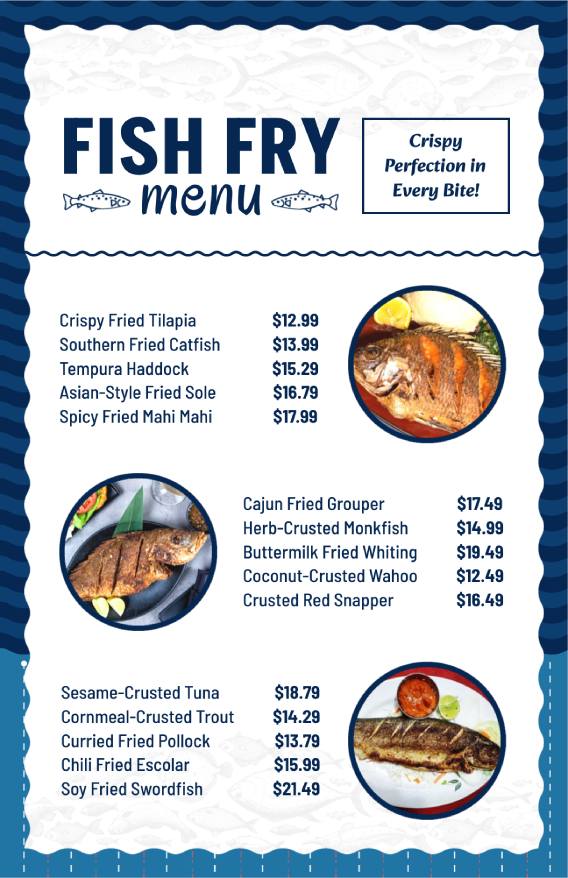 Stylish Fish Fry Menu Template for Seafood Restaurants