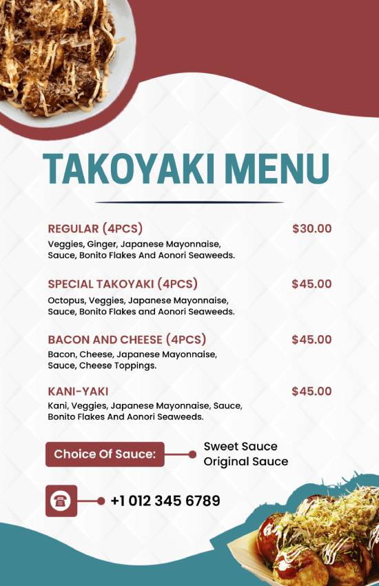 Elegant Takoyaki Menu Template with Flavorful Dishes
