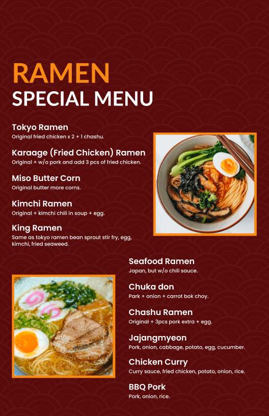 Bold Ramen Menu Template Featuring a Dark Red Theme