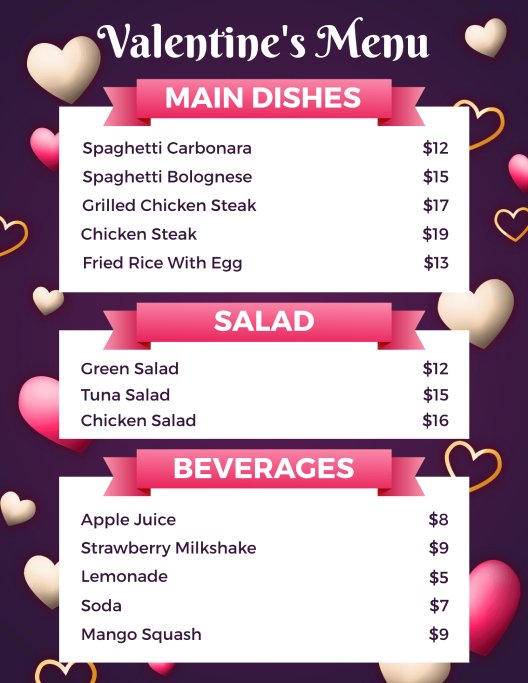 Classic Valentine's Menu Template for Restaurants & Cafes