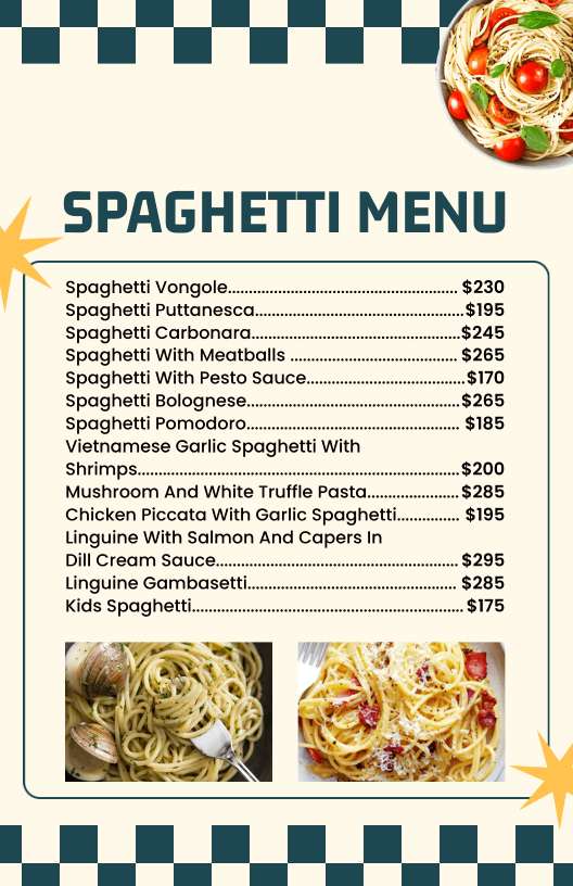 Minimalist Spaghetti Menu Template for Italian Cuisine