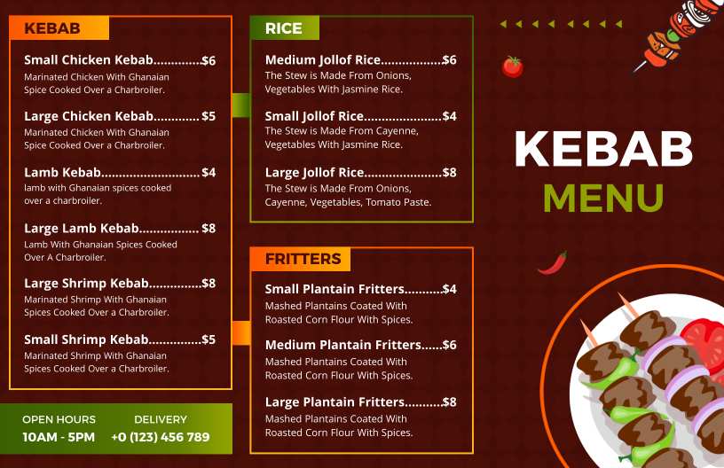 Fiery-Rustic Kebab Menu Template for Your Kebab Shop