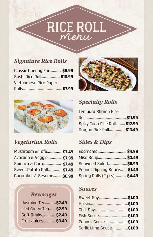 Minimalist Rice Roll Menu Template With User-Friendly Design
