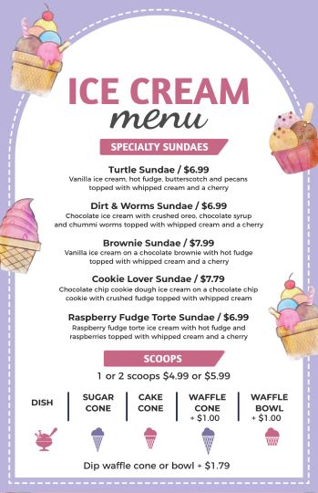 Ice Cream Menu Templates - Free | Printable | Customizable
