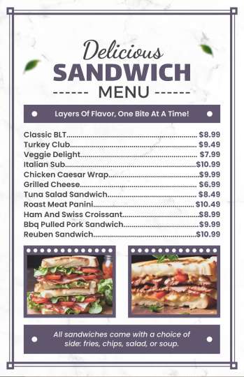 Sandwich Menu Templates - Free | Printable | Downloadable